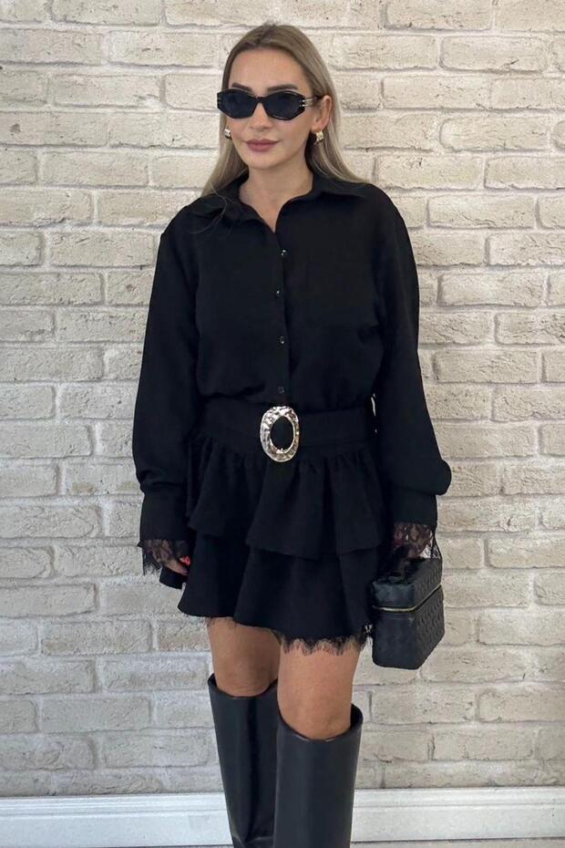 Muna Boutique Siyah Kendinden Kemerli Etek Fırfırlı Kadın Mini Elbise ...