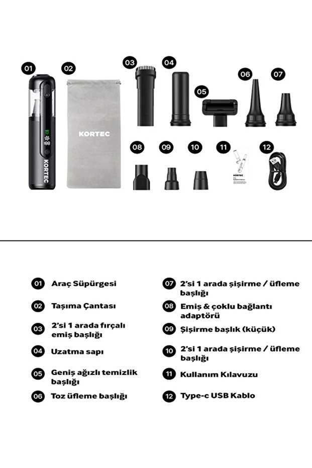 Kortec 22500 Pa Ally Güçlü Yeni Model Portatif Vakumlu Kablosuz ...