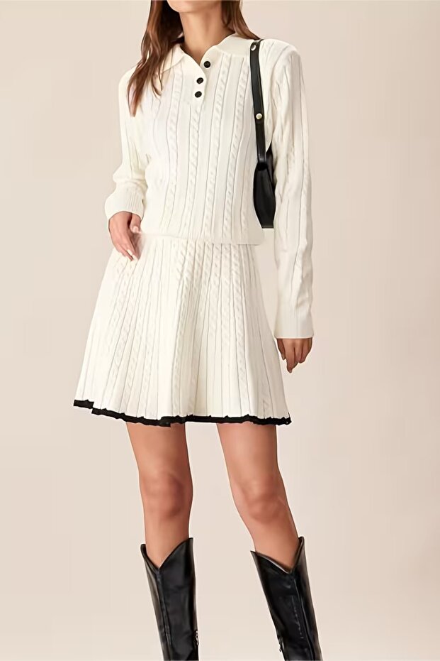 MODAMERSİ Women's Cream Polo Neck Striped Detail Skirt Sweater Double ...
