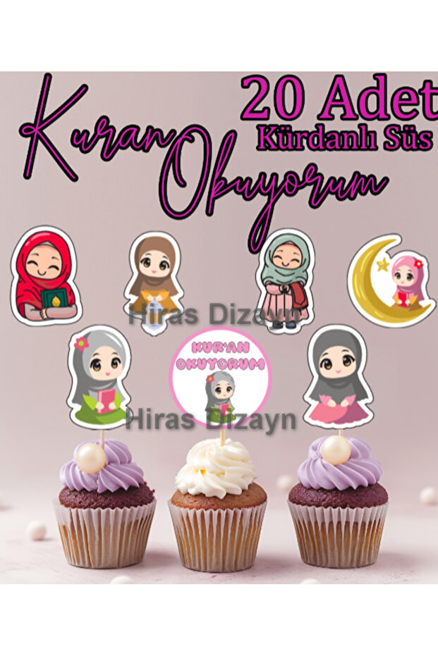 Hiras Dizayn 20 Adet Kuran Okuyorum Temalı Kızlar için Süs Seti Cupcake ...