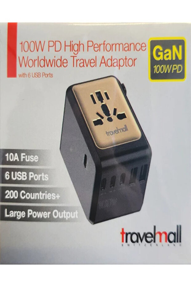 TRAVELMALL 100W PD GaN Worldwide Travel Adapter with 6 USB Ports (4 USB ...