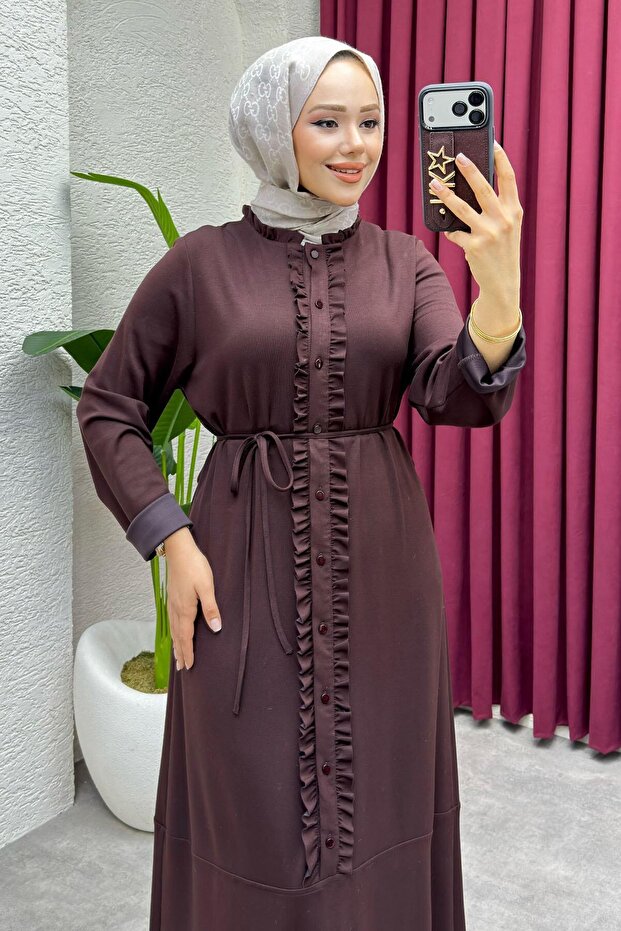 Kalemen Moda Ebru Düğme Detaylı Elbise 6416 Kahverengi - Fiyatı, Yorumları