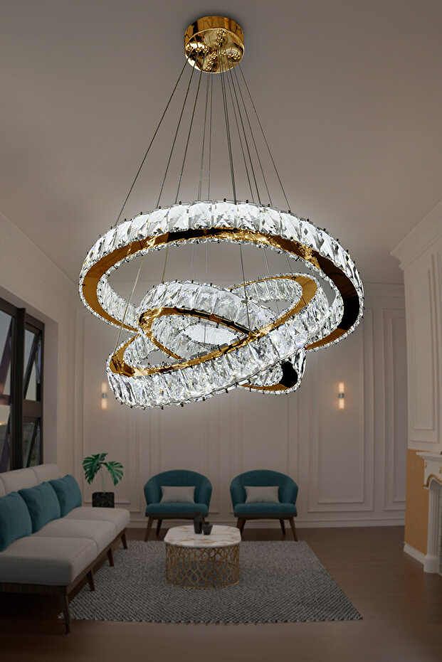 RSCOLLECTIONS 3 Katlı Kristal Taşlı Modern Led Avize - Fiyatı, Yorumları