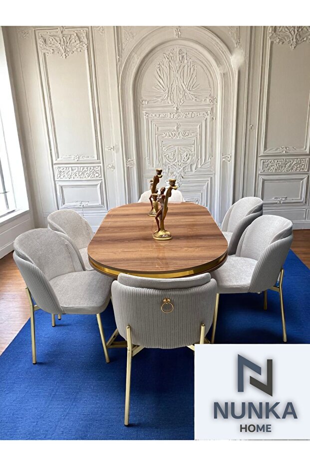NUNKA HOME Arya Gold Line Serisi Krem Renk +6 Sandalyeli Mdf Lak Panel ...
