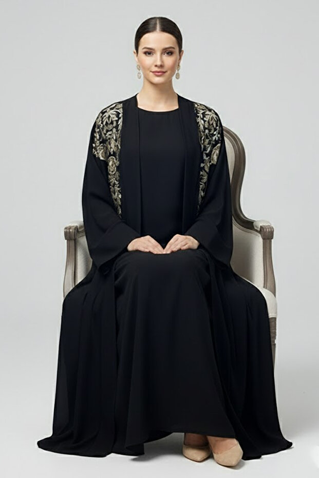 Muchmy 2 Piece Black Abaya Set With Inner And Sheila Embroidery Modern ...