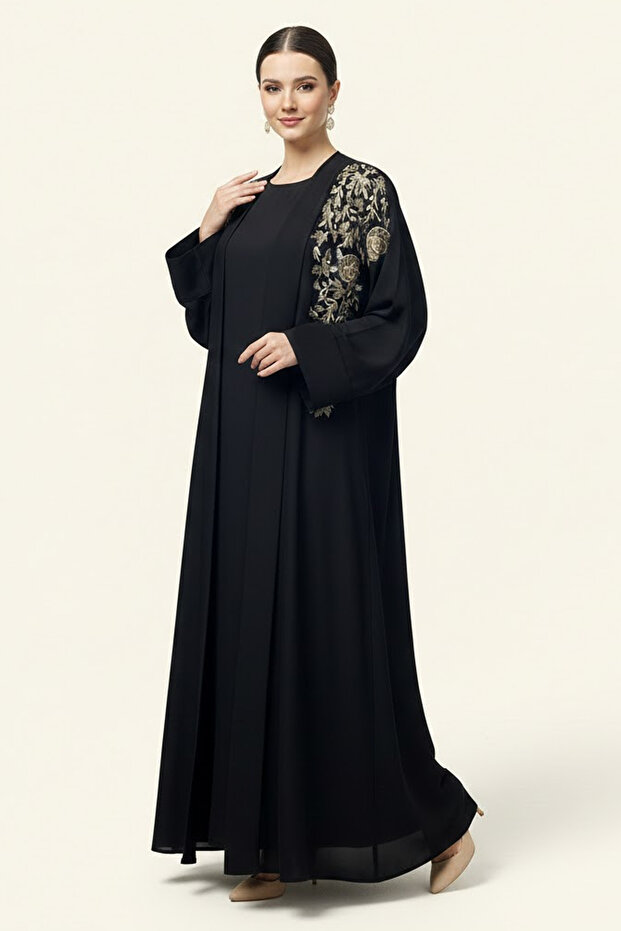 Muchmy 2 Piece Black Abaya Set With Inner And Sheila Embroidery Modern ...