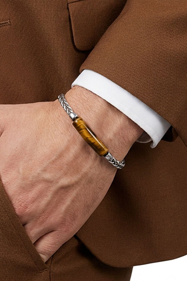 Otto Man Steel Jewelry Kahverengi Kaplan Gözü Detaylı Erkek Çelik ...