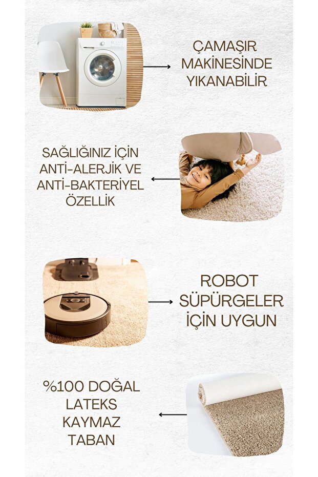 Empressco Doğal Kaymaz Taban Yıkanabilir Shaggy 3’lü Banyo Halı Paspas ...