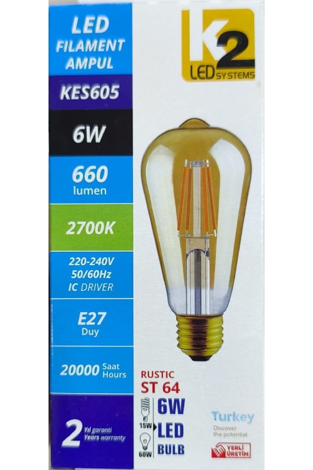 K2 GLOBAL Rustik LED Filament Ampul ST64 6W 2700K Gün Işığı E27 660 ...