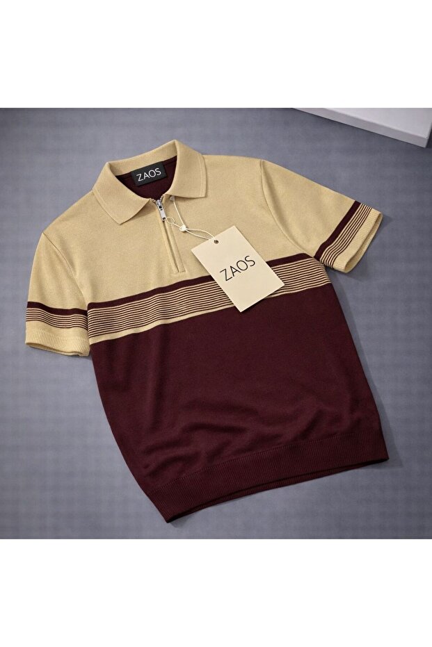 zs zaos fashion Men's Striped Zippered Polo Neck Knit T-Shirt Stretchy ...