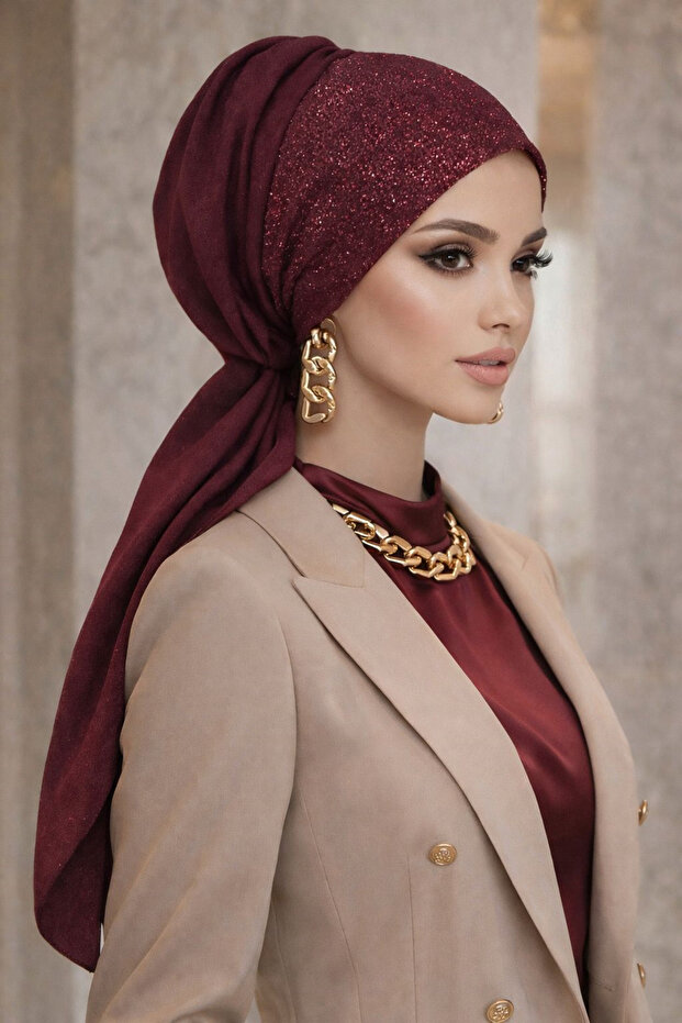 Aişe Tesettür Burgundy Glitter Evening Dress with Buckle Bonnet / Ready ...