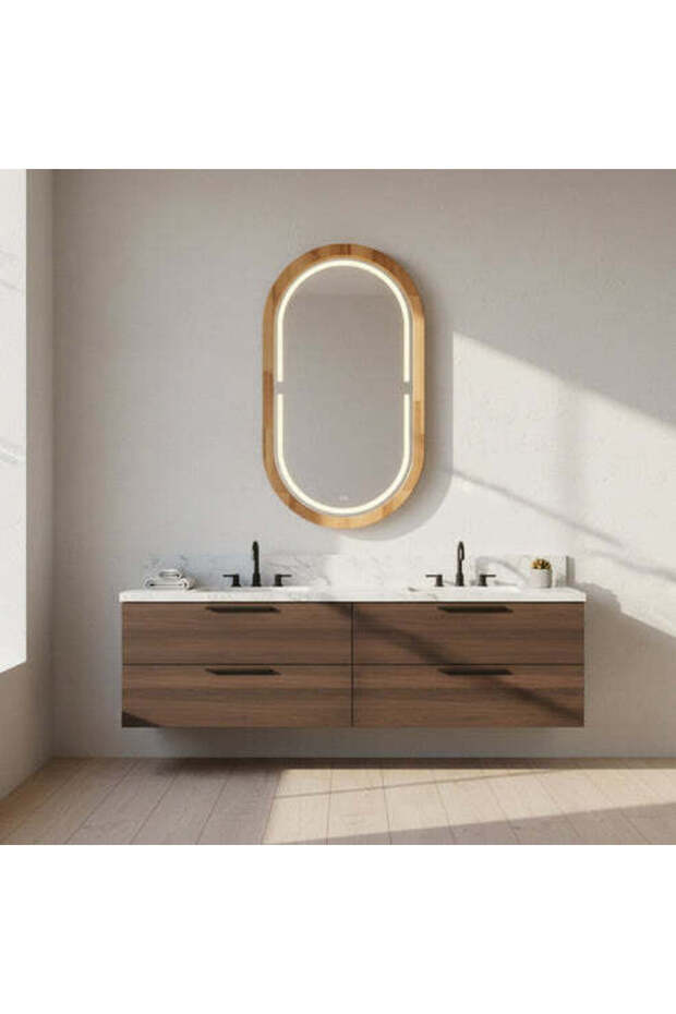 Aypars Atölye 28x49 cm Kayın Ahşap Çerçeveli LED’li Oval Ayna – Dimmer ...