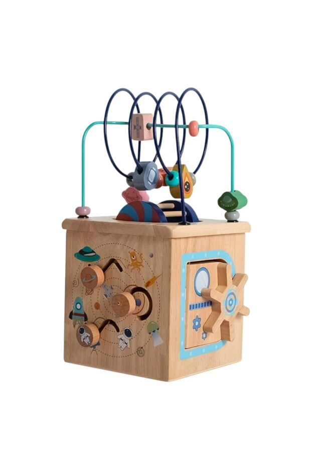 sallma Montessori wooden activity cube with bead maze and space theme ...