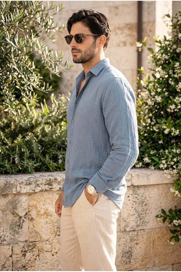Valiberta Breathable Half Oversize Muslin Fabric Men's Shirt with Long ...