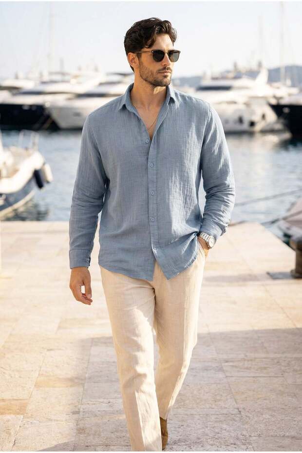 Valiberta Breathable Half Oversize Muslin Fabric Men's Shirt with Long ...