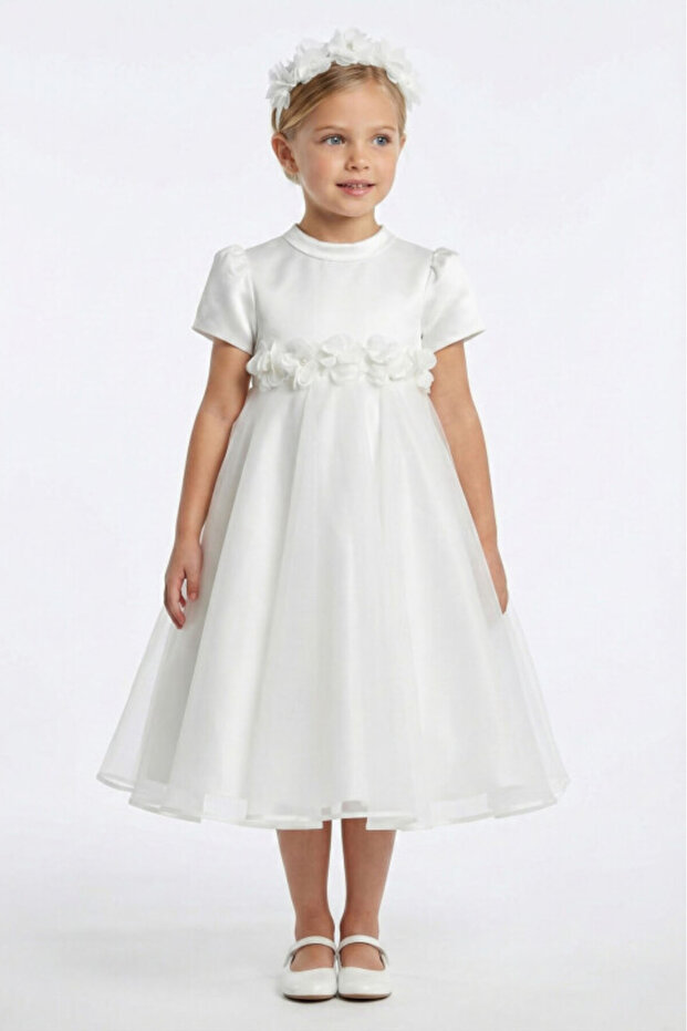 Pamina Ecru Girls Flower Belt Satin Dress & Floral Headband Set 3-7 AGE ...