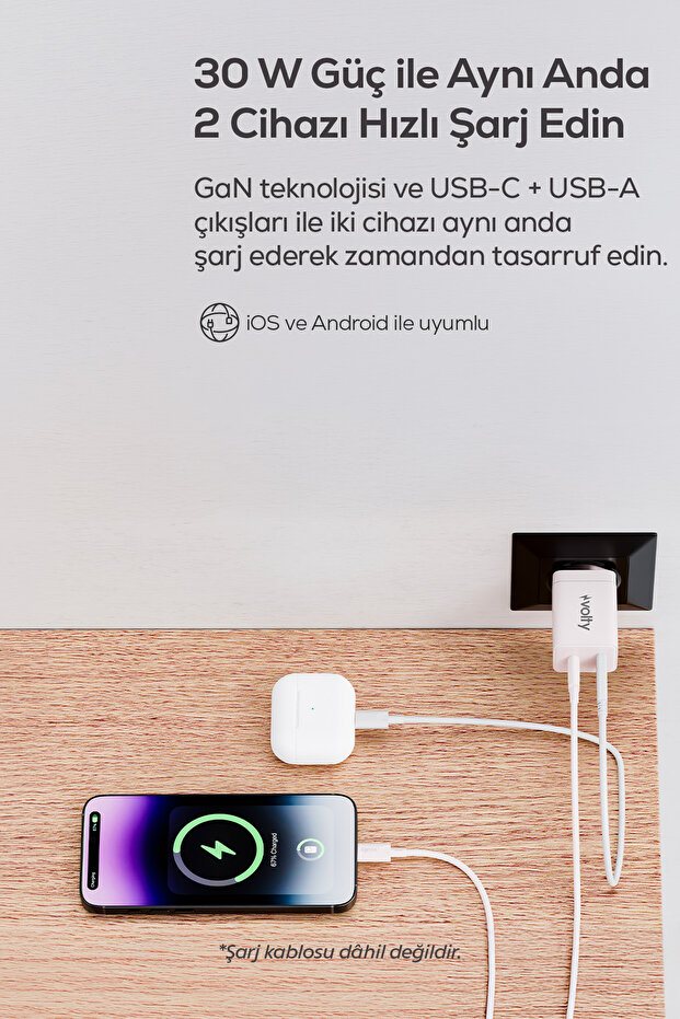 Volty Hızlı Şarj Adaptörü | 30W PD GaN, USB-C & USB-A, iPhone & Samsung ...