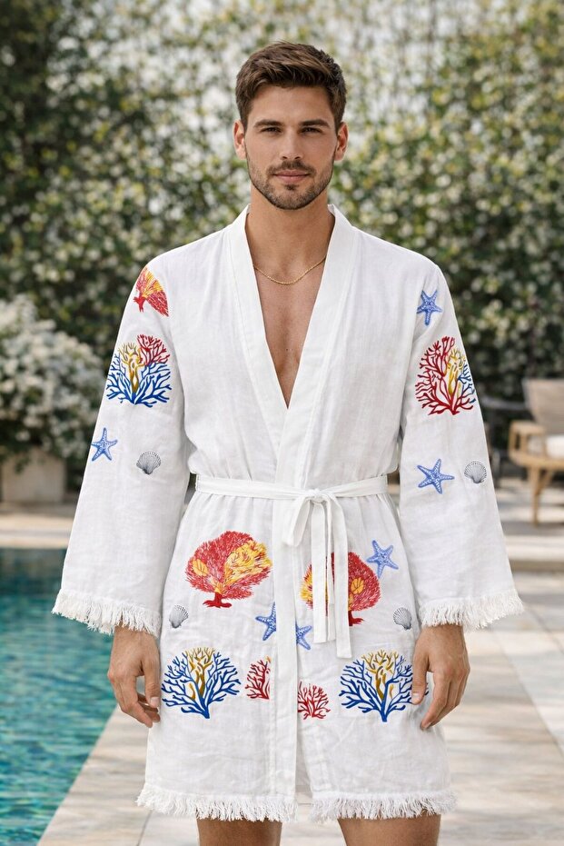 Çeşme Home %100 Pamuk Müslin Kimono Bornoz Nakışlı Desenli Plaj Kaftanı ...