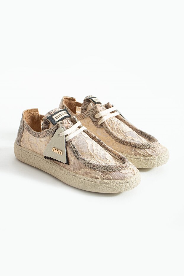 dericia shoes Rush Hakiki Deri Bej Rahat Dantel Detaylı Tüllü Kadın ...