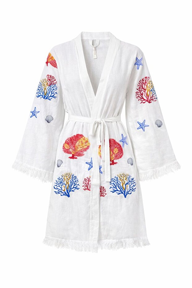 Çeşme Home %100 Pamuk Müslin Kimono Bornoz Nakışlı Desenli Plaj Kaftanı ...