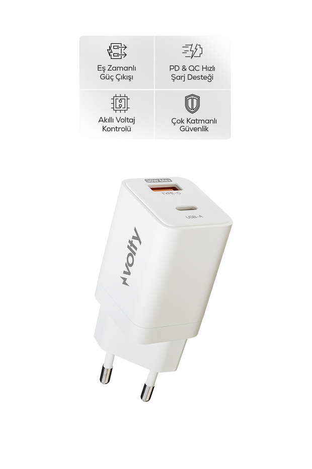 Volty Hızlı Şarj Adaptörü | 30W PD GaN, USB-C & USB-A, iPhone & Samsung ...