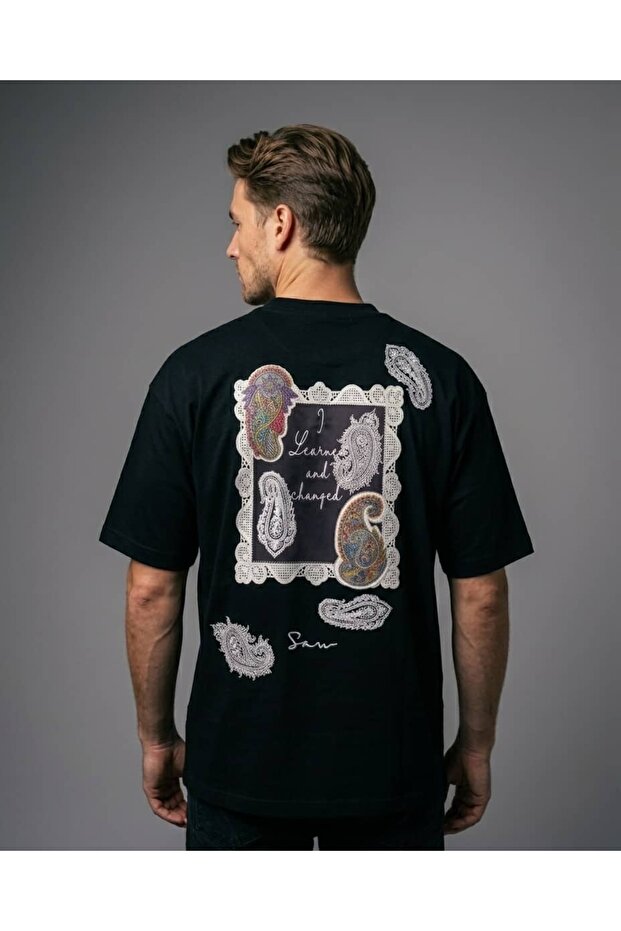 CANMODA Unisex Siyah Oversize Şal Desen Sırt Baskılı ve Nakış Detaylı ...