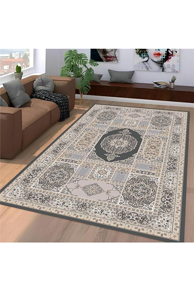 Serteks Liestan Klasik Gri Desen Dokuma Taban Yıkanabilir Halı Salon ...