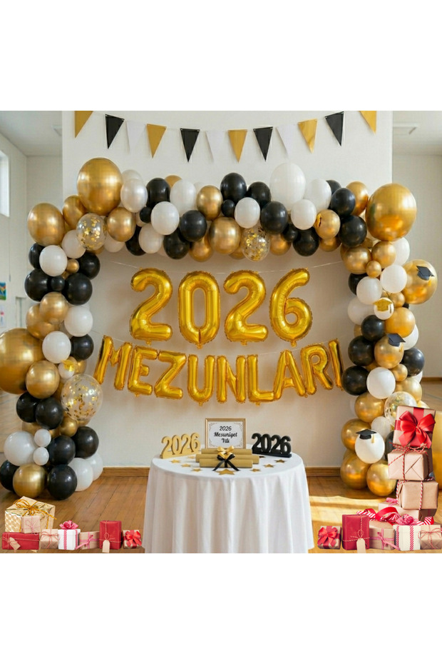 tedaks 2026 Mezunları Gold Folyo Harf Beyaz Siyah Gold Balon Mezuniyet ...