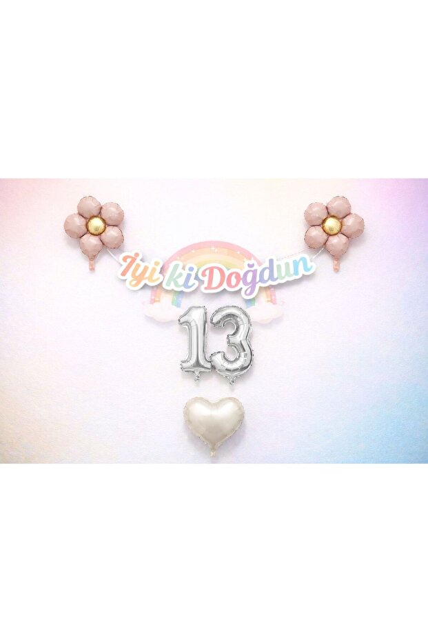 hobim42 İyi Ki Doğdun Yazılı Banner 13 Yaş Folyo Balon Papatya ve Kalp ...