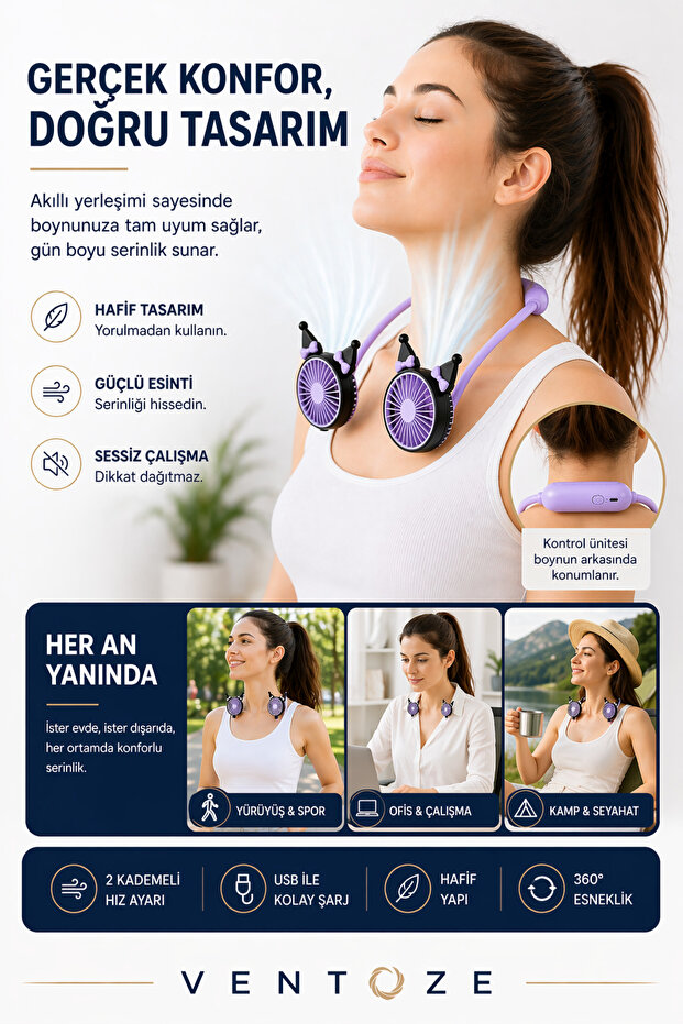 Ventoze Esnek Boyun Fanı Giyilebilir 70 cm Taşınabilir Şarjlı Mini ...