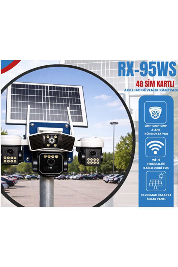 kruxon RX-95WS Solar Wifi Güvenlik Kamerası 3 Lens 9MP PTZ Gece Görüş ...