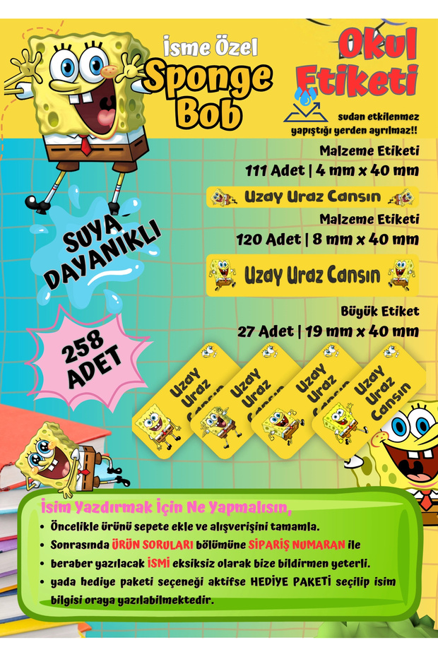 Ceres Studio Sponge Bob Temalı Kişiye Özel Suya Dayanıklı Okul Etiketi ...