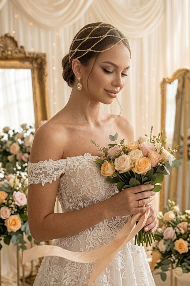 PERLMUTT Gold Zirkon Taşlı Gelin Tacı Kristal Saç Zinciri Bridal ...