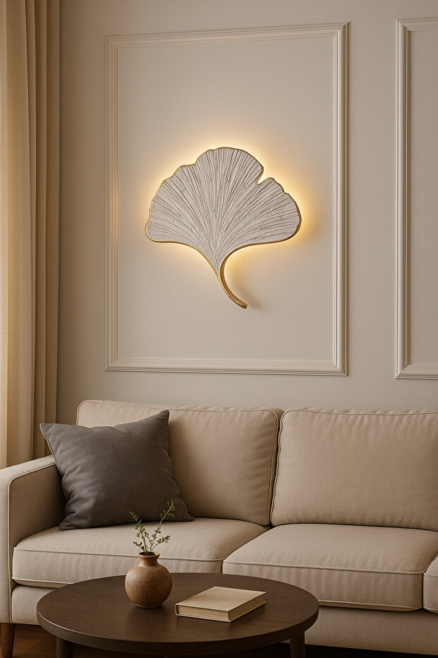 ASZEN dekor Beyaz Gold Detaylı Ginko Yaprağı Elektrikli LED Duvar ...