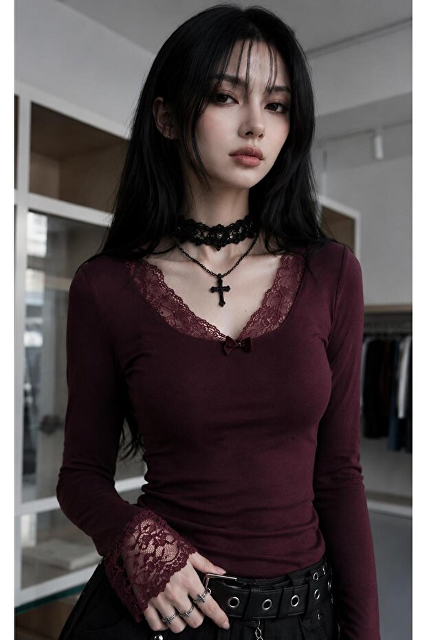 İsra Ayyıldız Moonstar Collection Bordo Dantel yakalı Gothic Tam boy ...