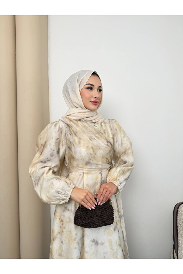 Mihran Butik Clara Model Kemerli Bilek Büzgü Desen Detaylı Kadın Elbise ...
