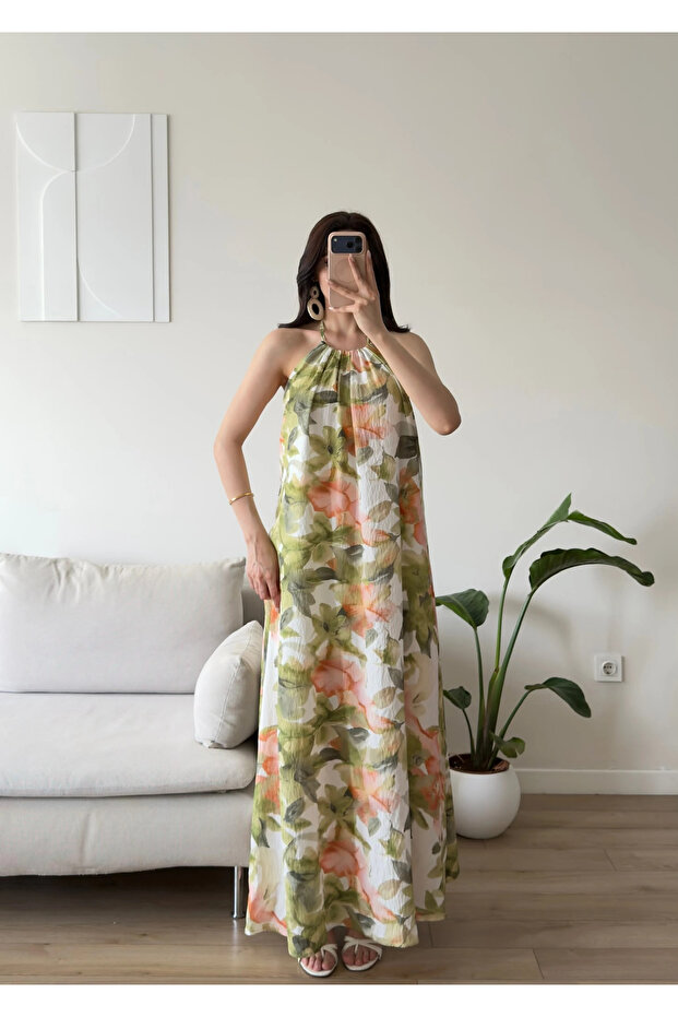 Zoom Butik Çiçek Desen Sırt Dekolte Elbise - HAKİ - Fiyatı, Yorumları