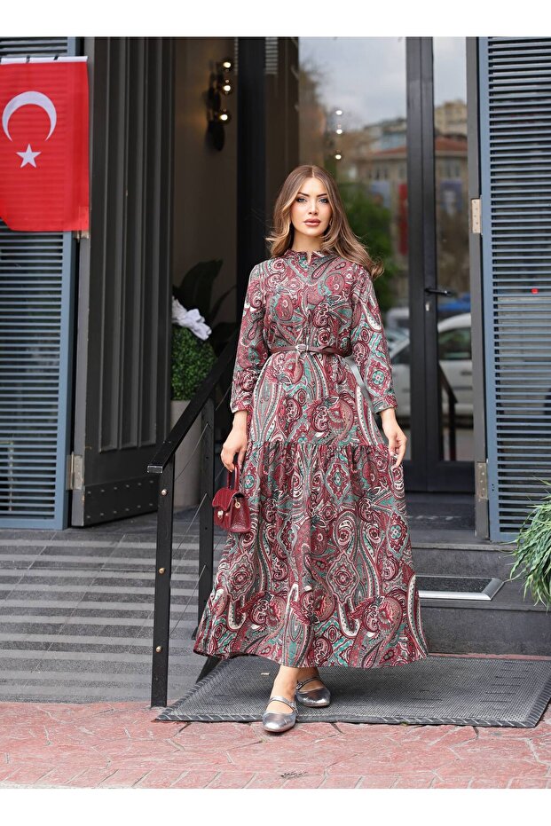 Cannes Rukia Kadın Kare Yaka Çiçek Desenli Beli Lastikli Kırmızı Elbise ...