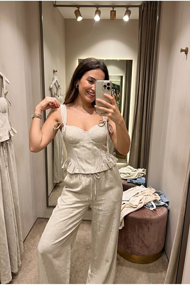FASHION COCKTAIL Peplum Doğal Dokulu Fırfır Bağlama Detaylı Büstiyer ve ...