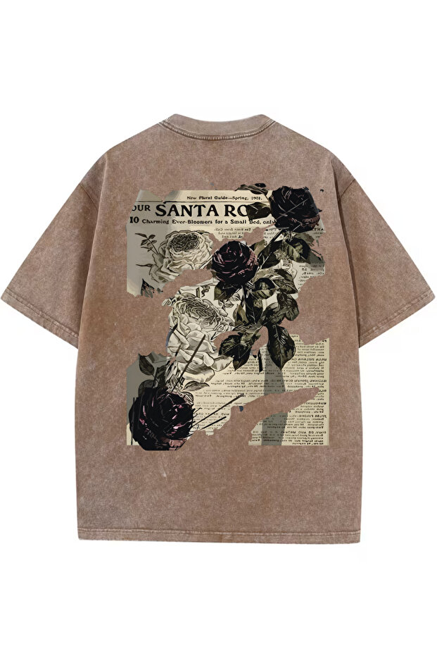Touz Moda Yıkamalı Streetwear Rose Baskılı Unisex Oversize Vintage T ...