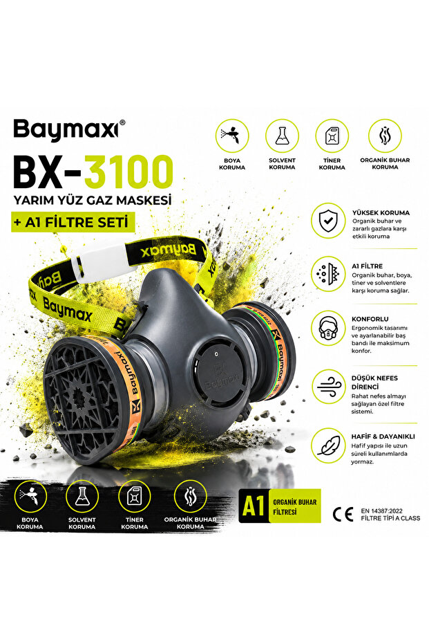 Baymax BX-3100 Yarım Yüz Gaz Maskesi + A1 Filtre Seti | Boya, Solvent ...