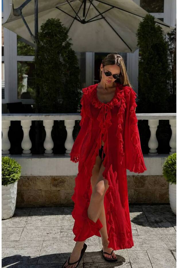 manana fashion Fırfırlı Plaj Kimonosu Uzun Kollu Bağlamalı Transparan ...