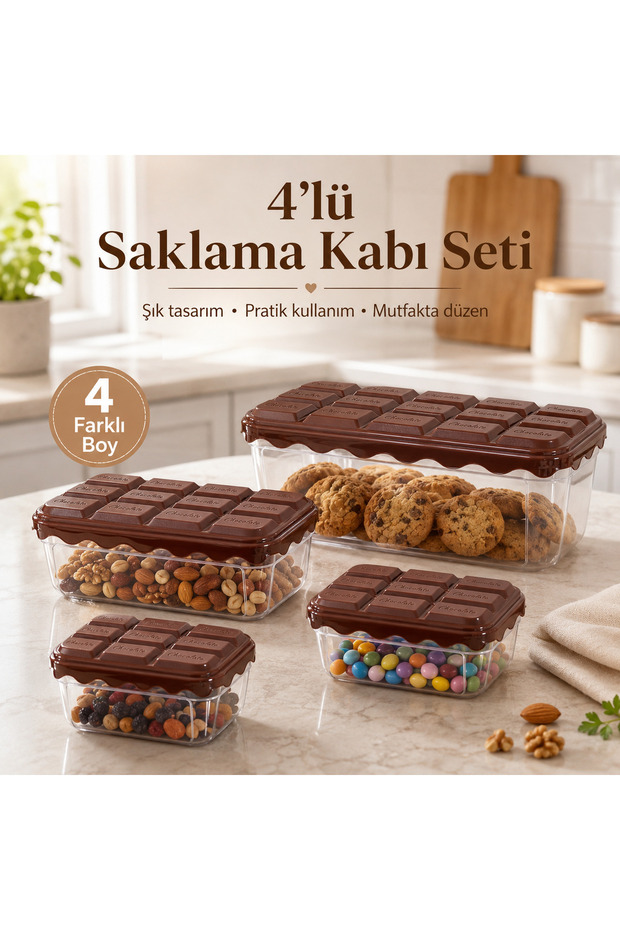 AKBA HOME 4’lü Saklama Kabı Seti Çikolata Kapaklı Şeffaf Plastik Erzak ...