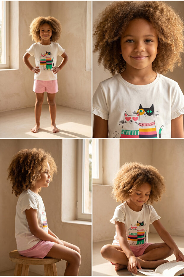 Katia & Bony Çocuk Kedi Desenli Şortlu Pijama Takımı - Fiyatı, Yorumları