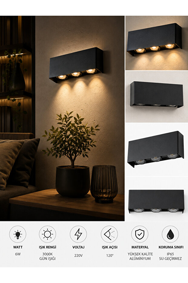zeonix Modern 3’lü LED Duvar Apliği – Siyah plastik Gövde, amber ı ...