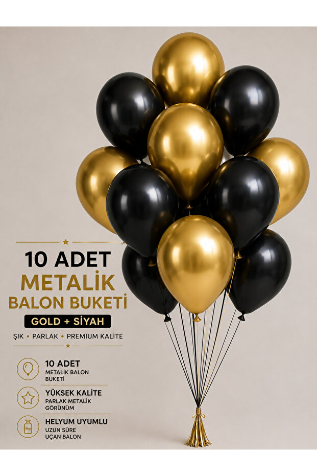 BALON DİYARI 18 Adet Gold Siyah Metalik Balon Buketi – Helyum Uyumlu ...
