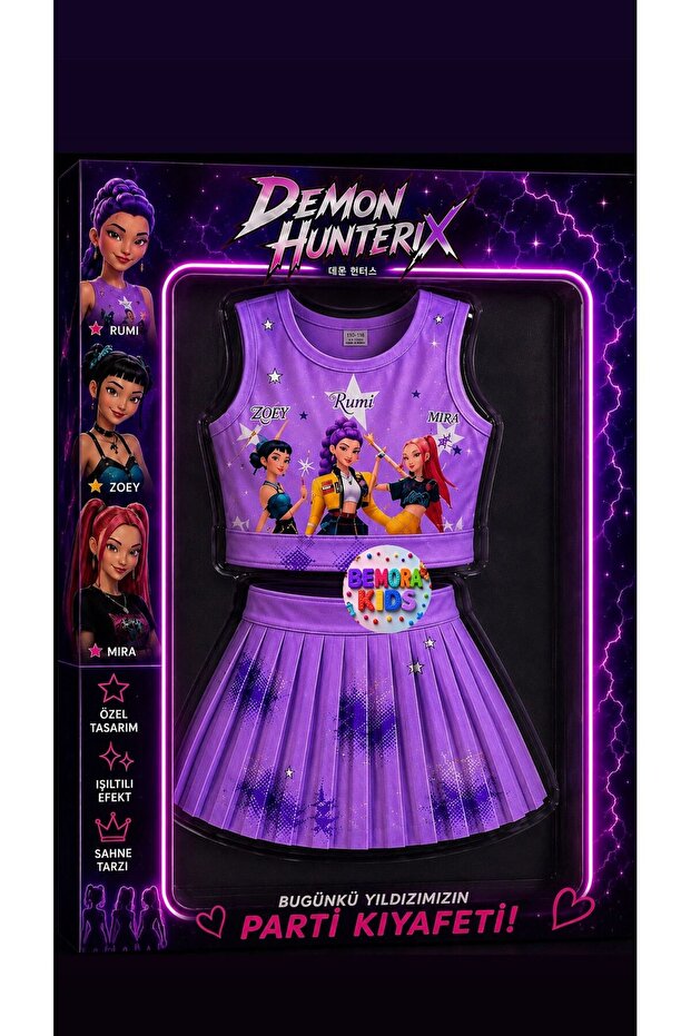bemora kids kpop huntrix mor etek bluz alt üst 2 li takım şort etek ...