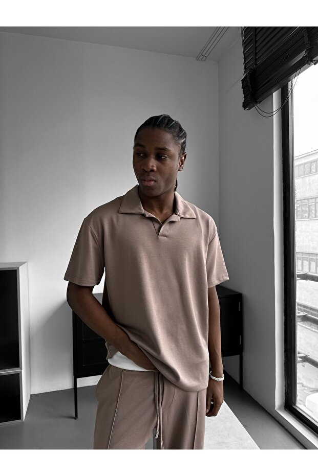 elkumoda Erkek Oversize İtalyan Yaka Oyso Kumaş Düğmesiz Polo Tişört ...