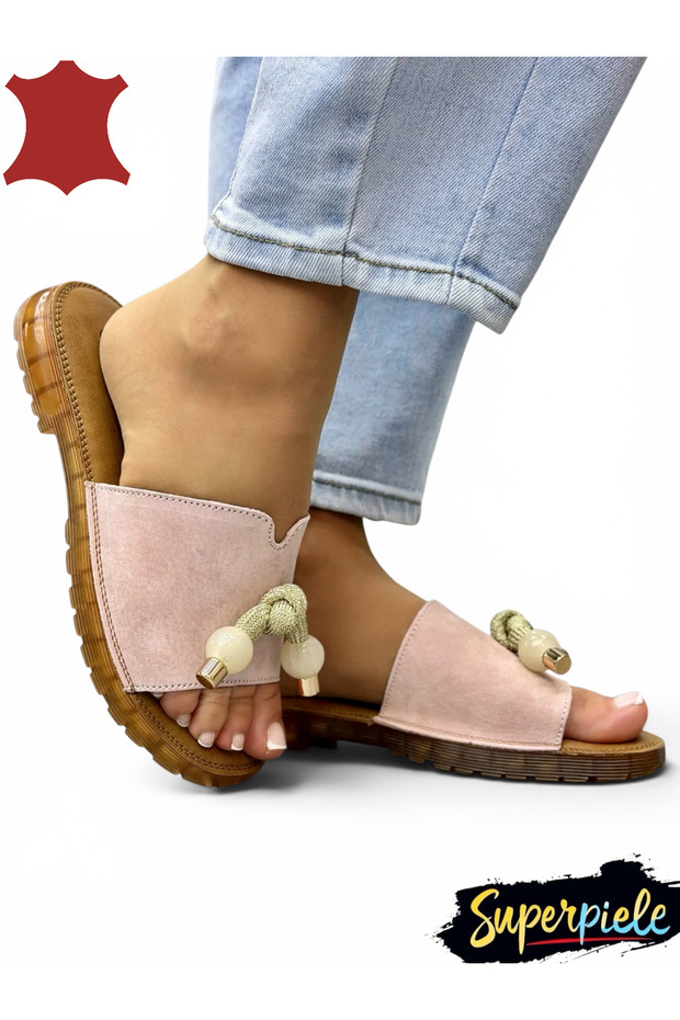 ANGEL BLUE Papuci dama casual din piele naturală cu accesorii ...