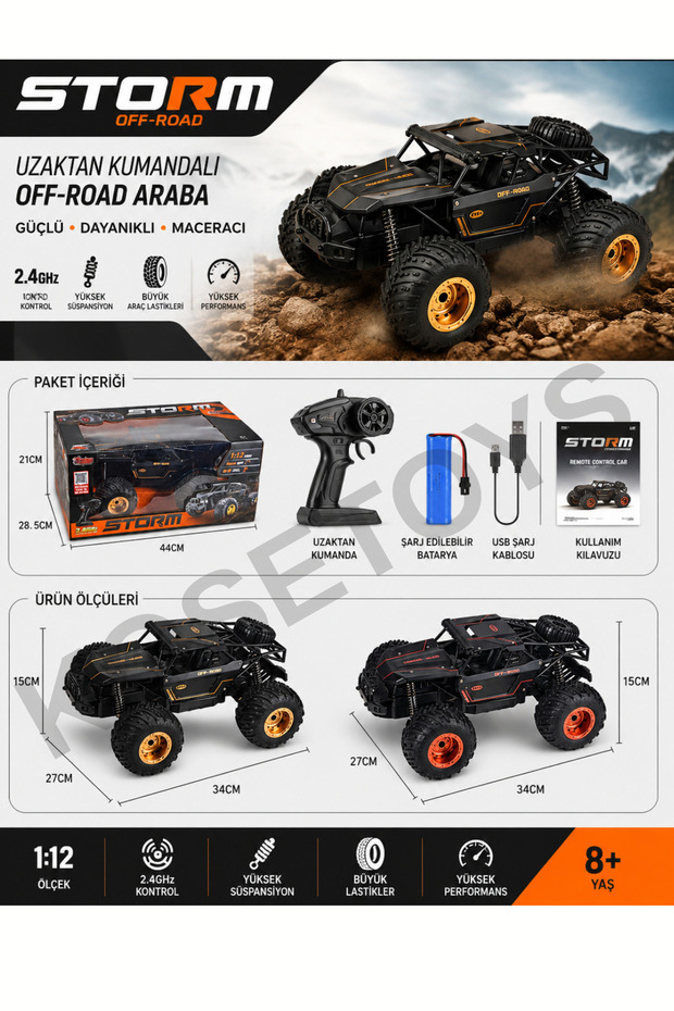 kosetoys Uzaktan Kumandalı 2.4 ghz 34 cm Mat Siyah Büyük boy Sarj ...